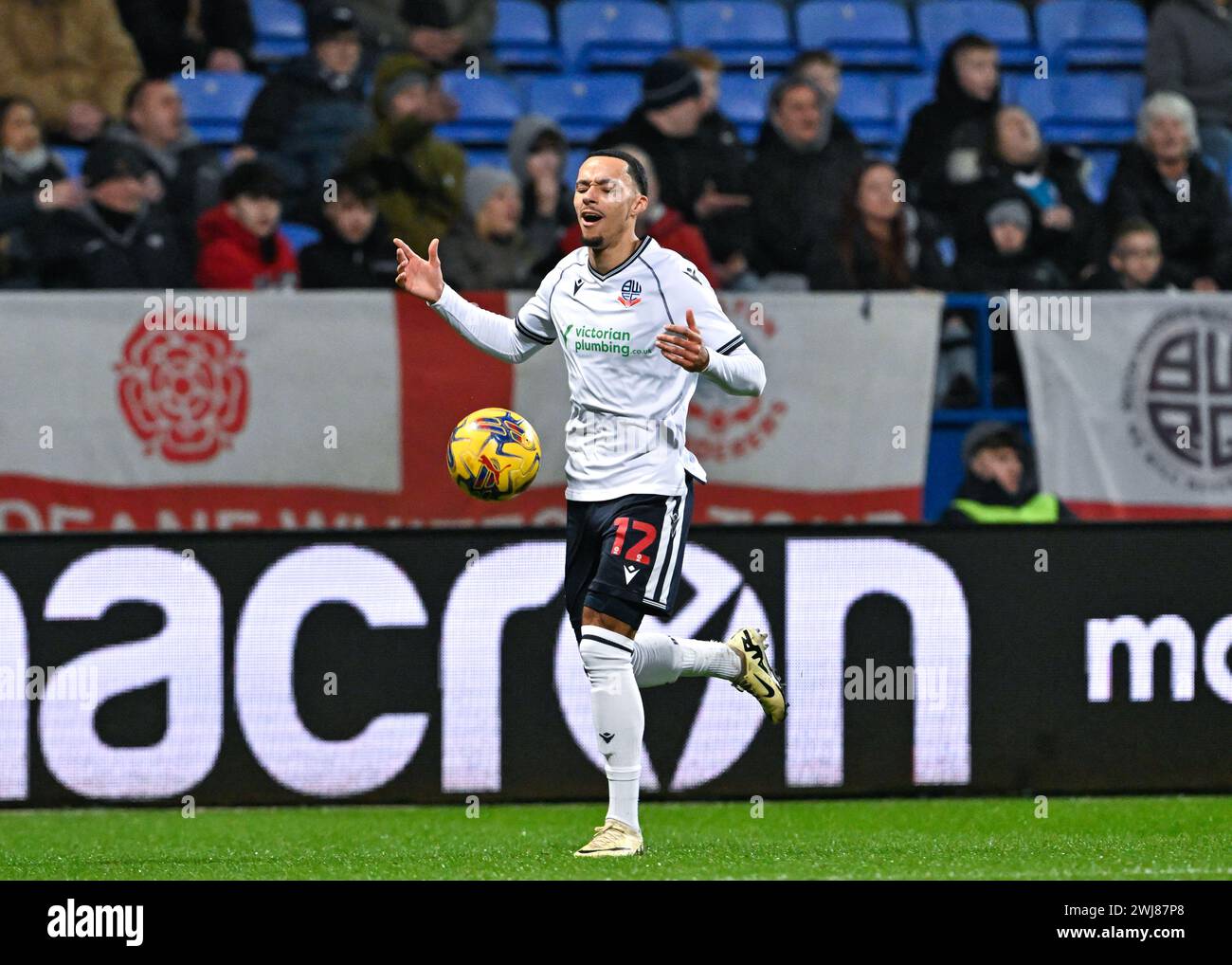 Bolton, UK. 13th Feb, 2024. Josh Dacres-Cogley of Bolton Wanderers ...