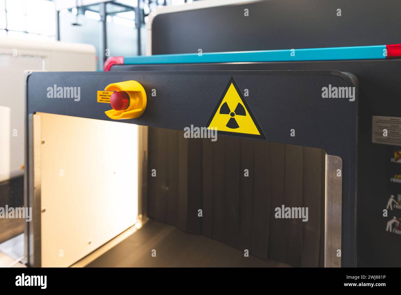 Close-up of scanning travel baggage with x-ray scanner at airport ...