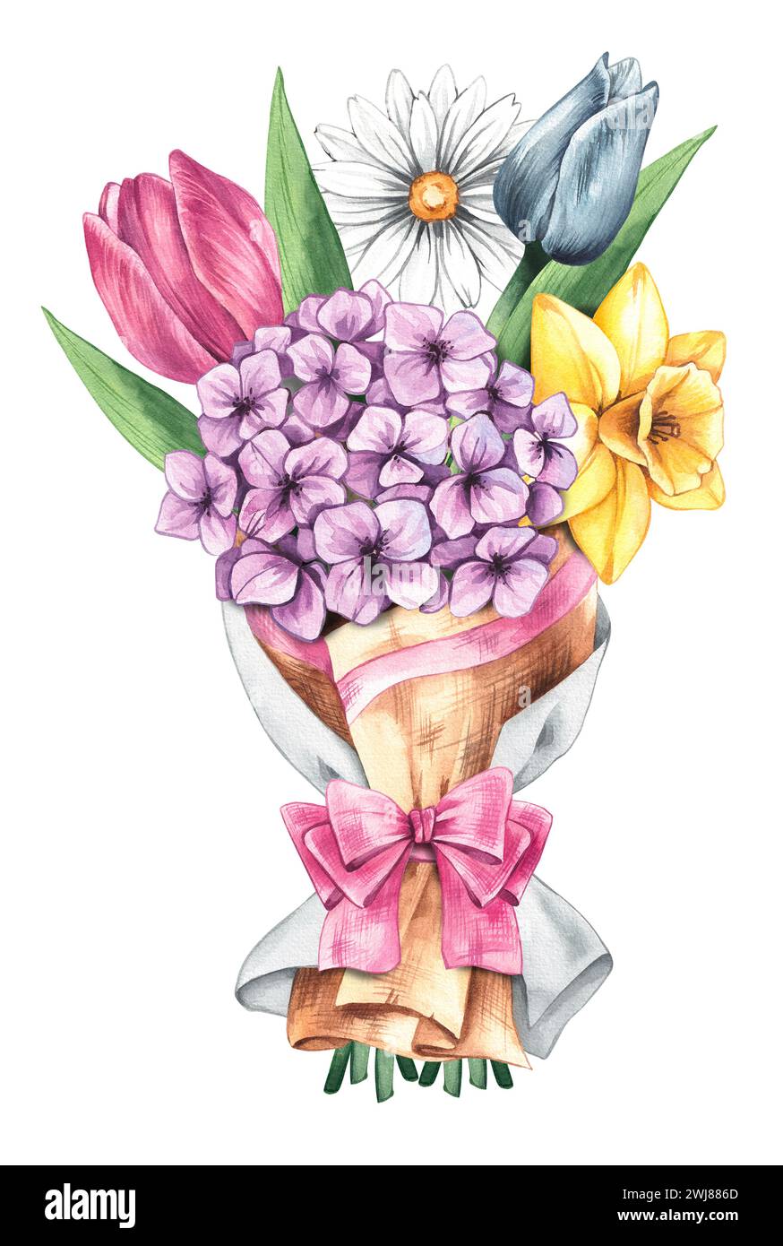 Watercolor spring bouquet with tulip, hydrangea, daffodil in paper ...