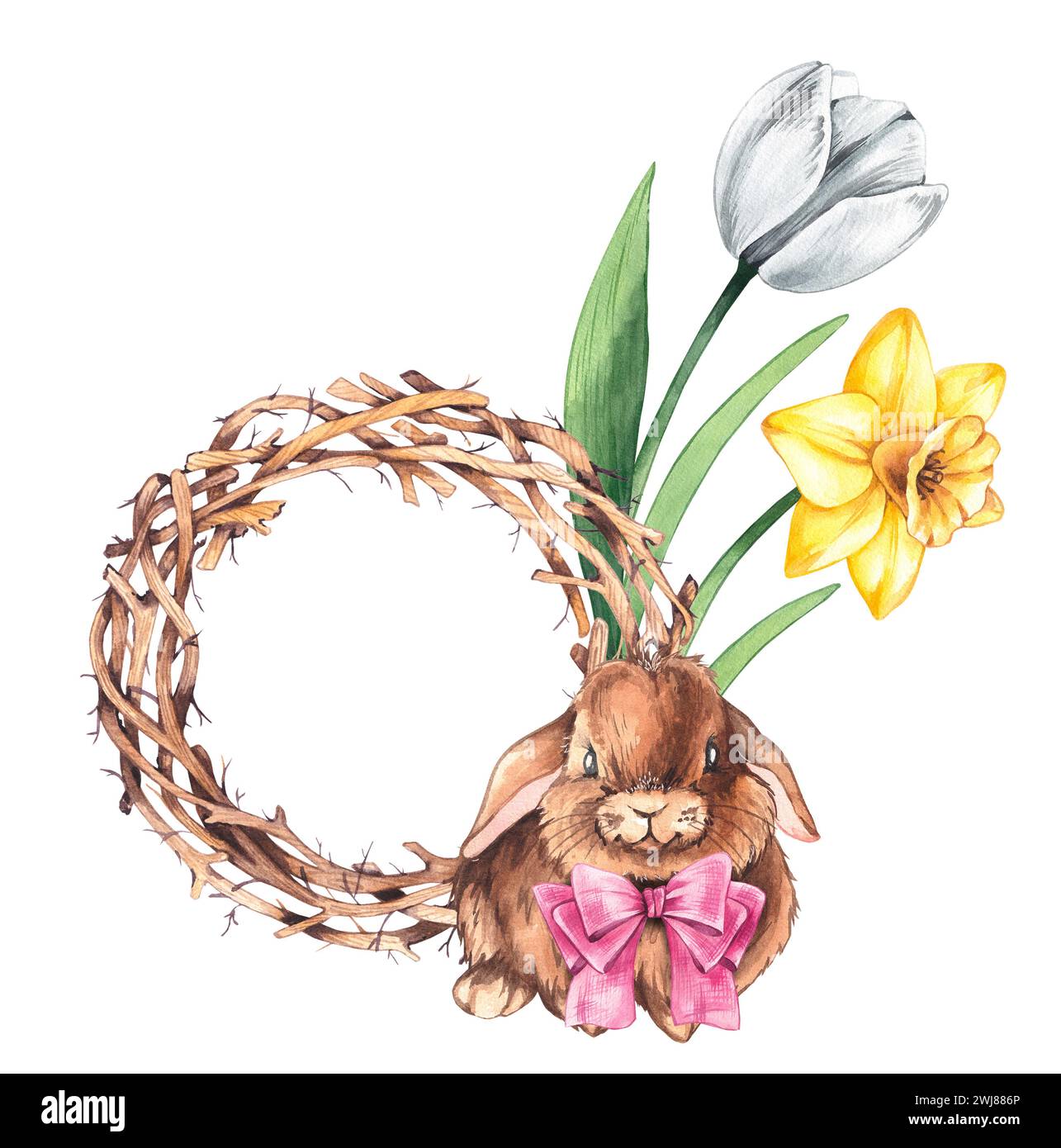 Watercolor spring wreath with a rabbit with tulip, daffodil in paper ...