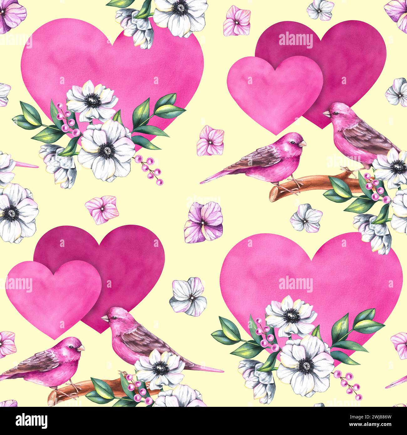 Watercolor Valentine's Day pattern with birds, flowers and love heart ...