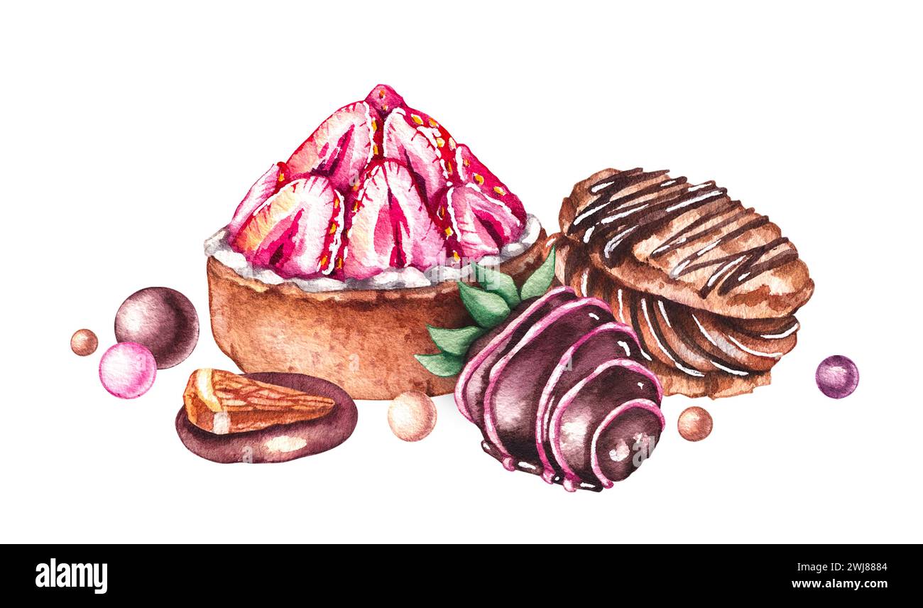 Watercolor hand drawn desserts isolated. Sweets, pastries, cakes ...