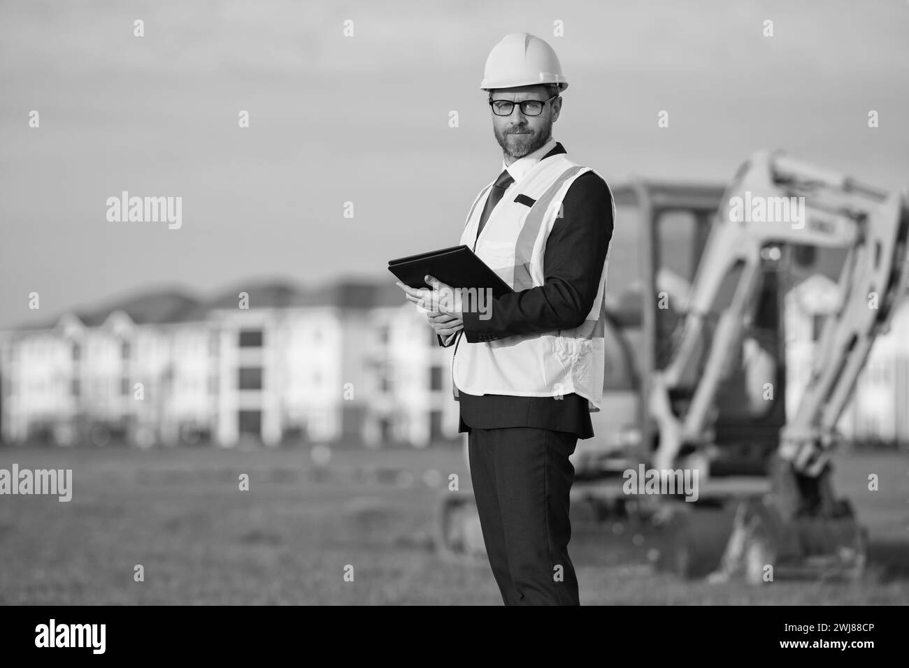 Construction site banner advertisement Black and White Stock Photos ...