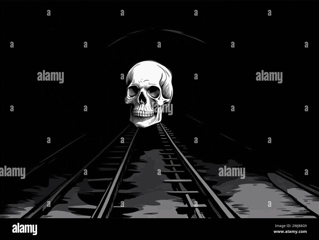 Skull on a black background, railroad tracks leading into the distance ...