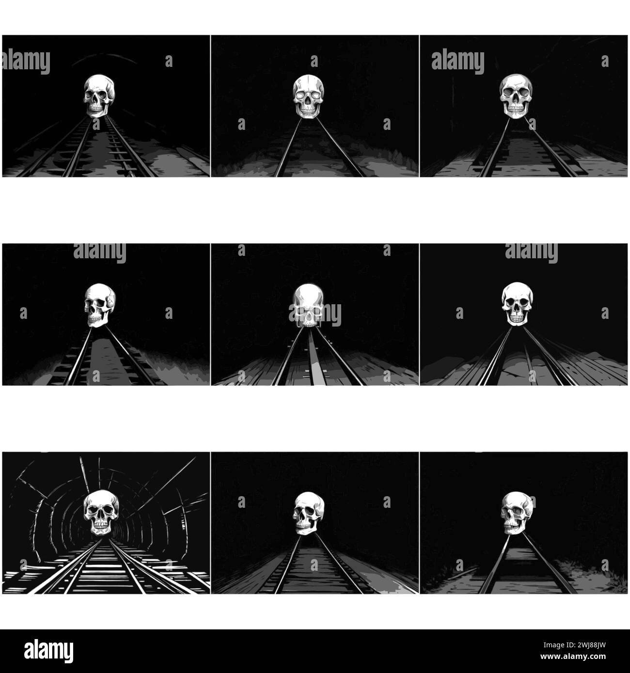 Skull on a black background, railroad tracks leading into the distance ...