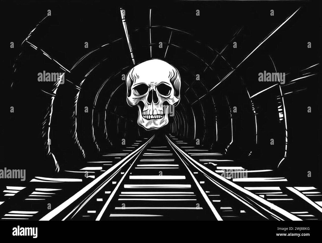 Skull on a black background, railroad tracks leading into the distance ...