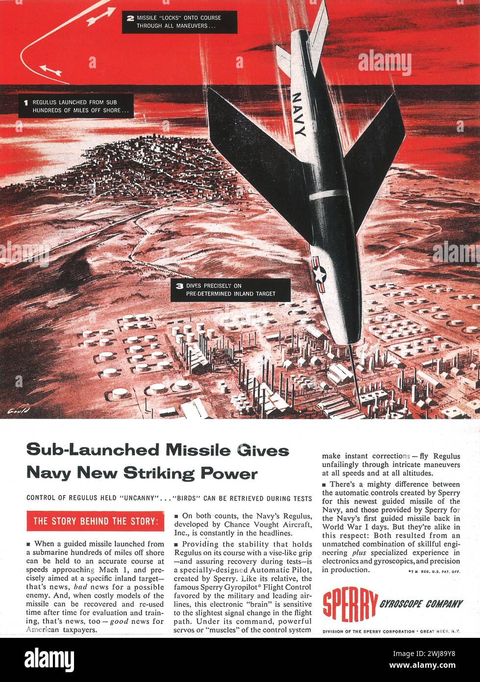 1954 Sperry Gyroscope Company Print Ad. 'Sub-launched missile gives ...