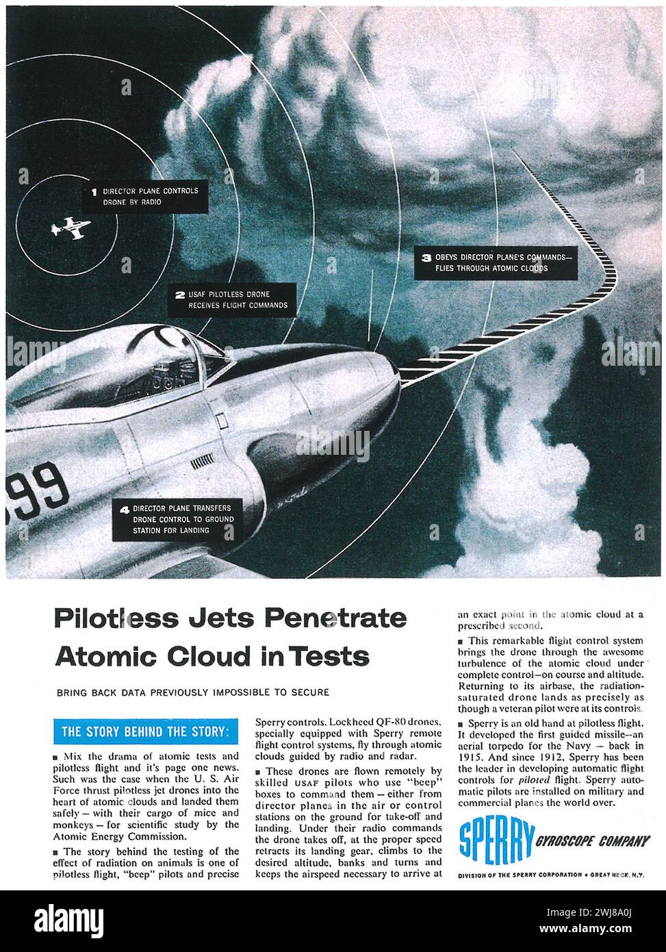 1954 Sperry Gyroscope Company Ad "Pilotless jets penetrate atomic cloud ...