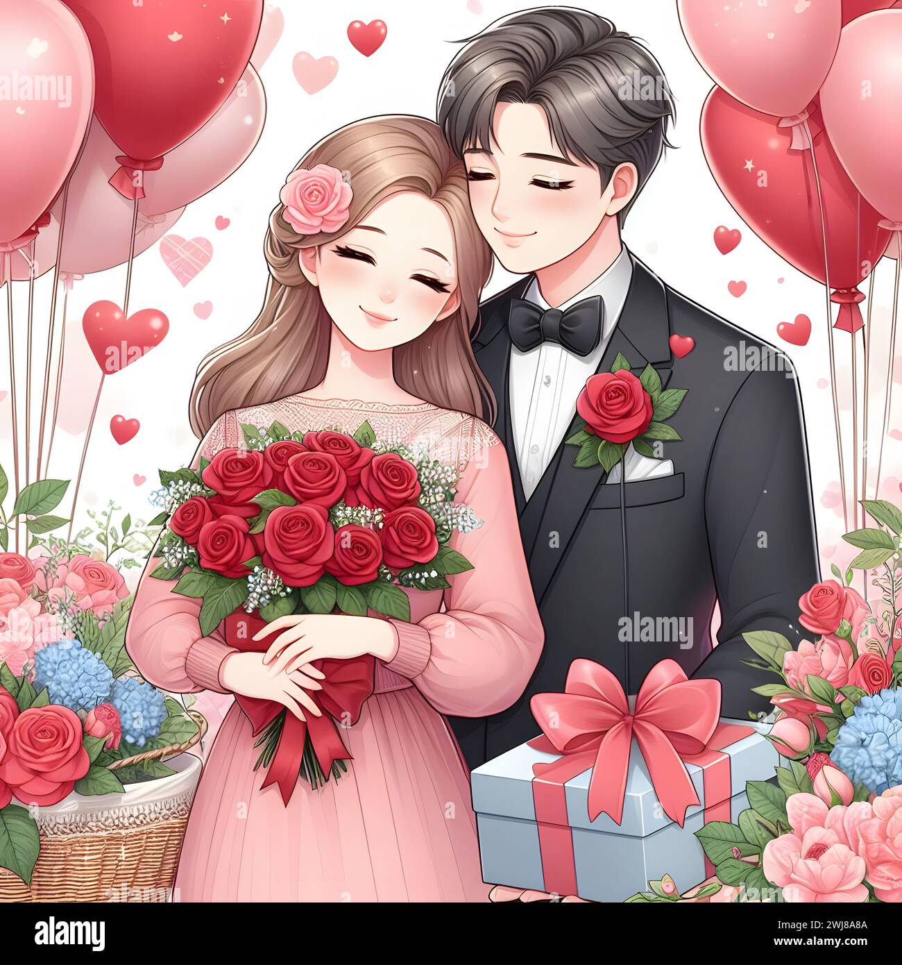 An AI illustration of 2d cartoon of a couple with balloons and roses ...