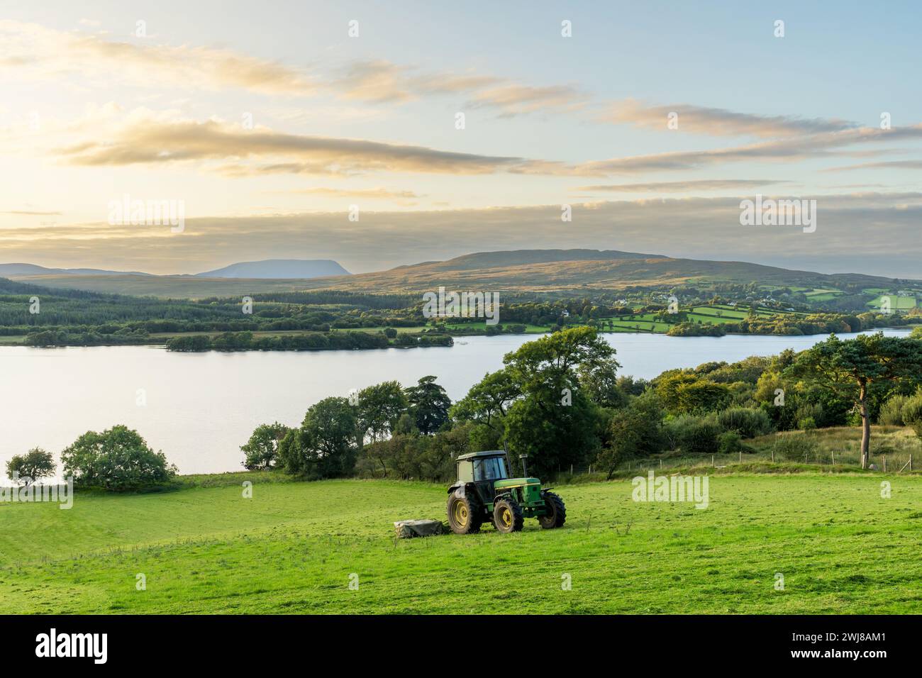 Farming on the shores of Gartan Lake, Co. Donegal with Muckish mountain ...