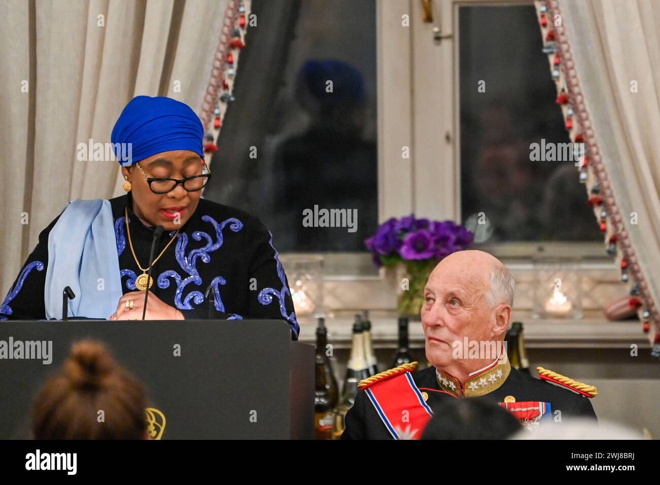 Oslo 20240213.Norwegian King Harald listens while Tanzanian President ...