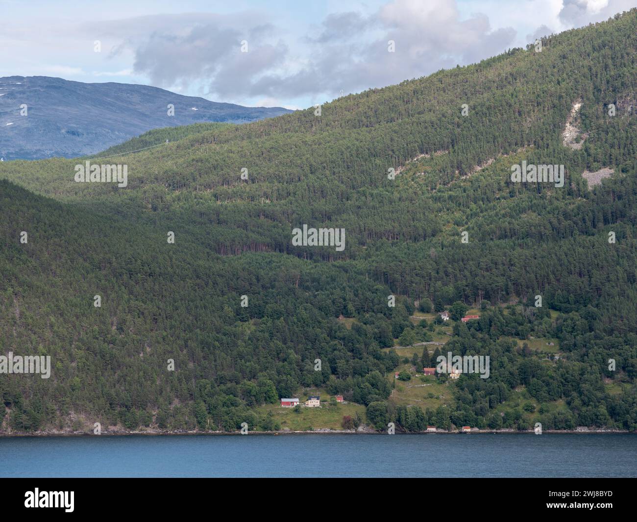 Small houses on the side of the fjord viewed from a cruise ship while ...