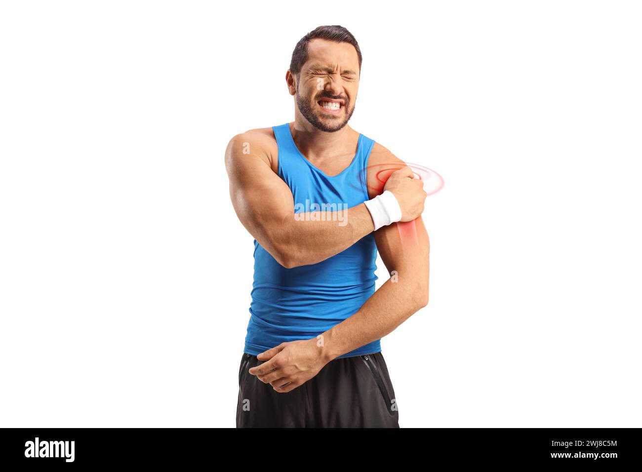 Male athlete in pain holding his red inflamed shoulder isolated on ...