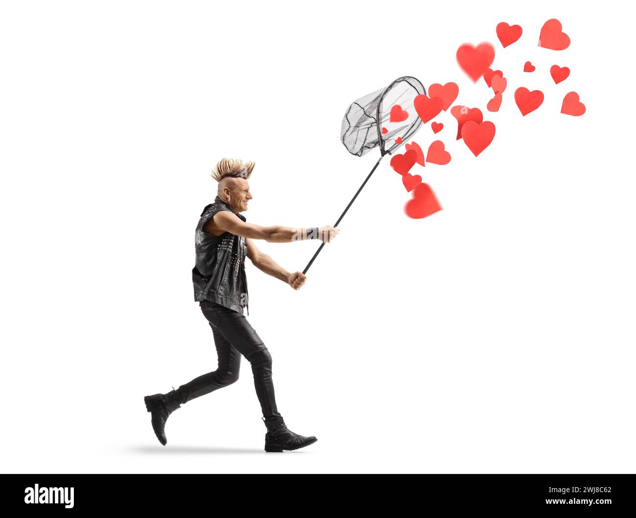 Punk running and catching hearts with a net isolated on white ...