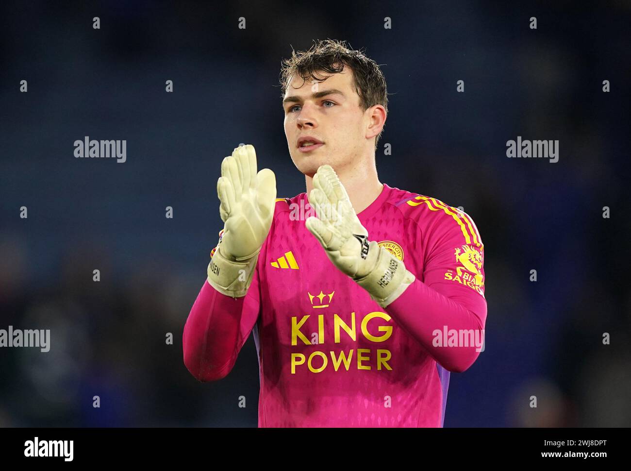 Leicester City goalkeeper Mads Hermansen applauds the fans following ...