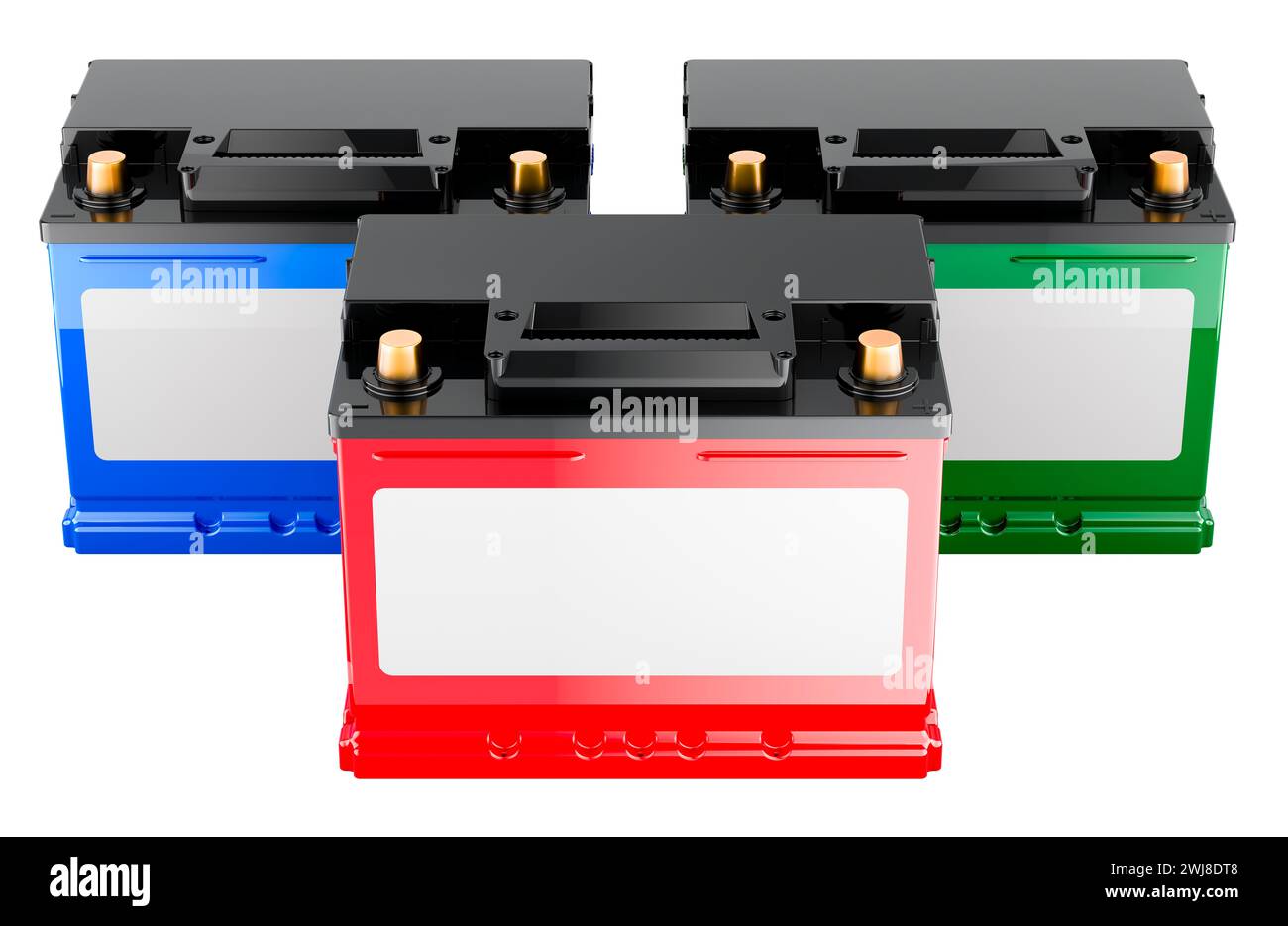Car batteries with blank labels, 3D rendering isolated on white ...