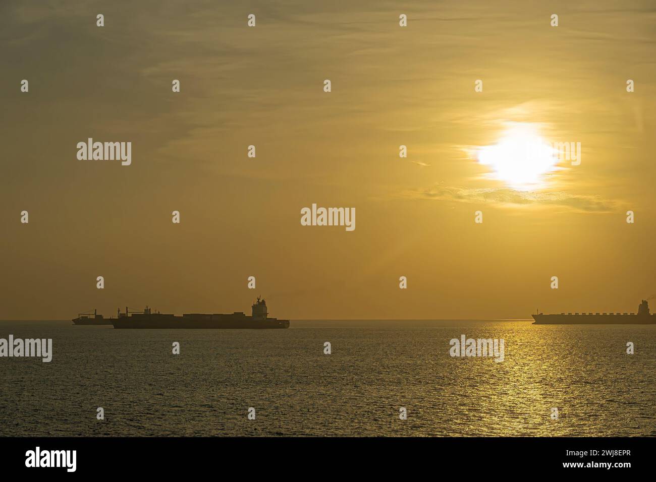 Panama Canal, Panama - July 24, 2023: Sunrise morning sky over multiple ...