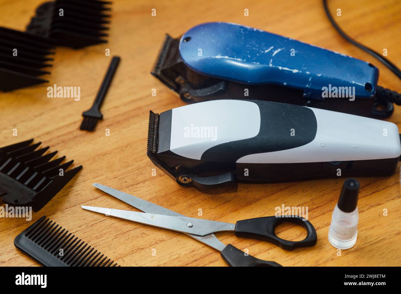 Hairdresser tool of work. Hair clipper machines, comb, scissors Stock ...