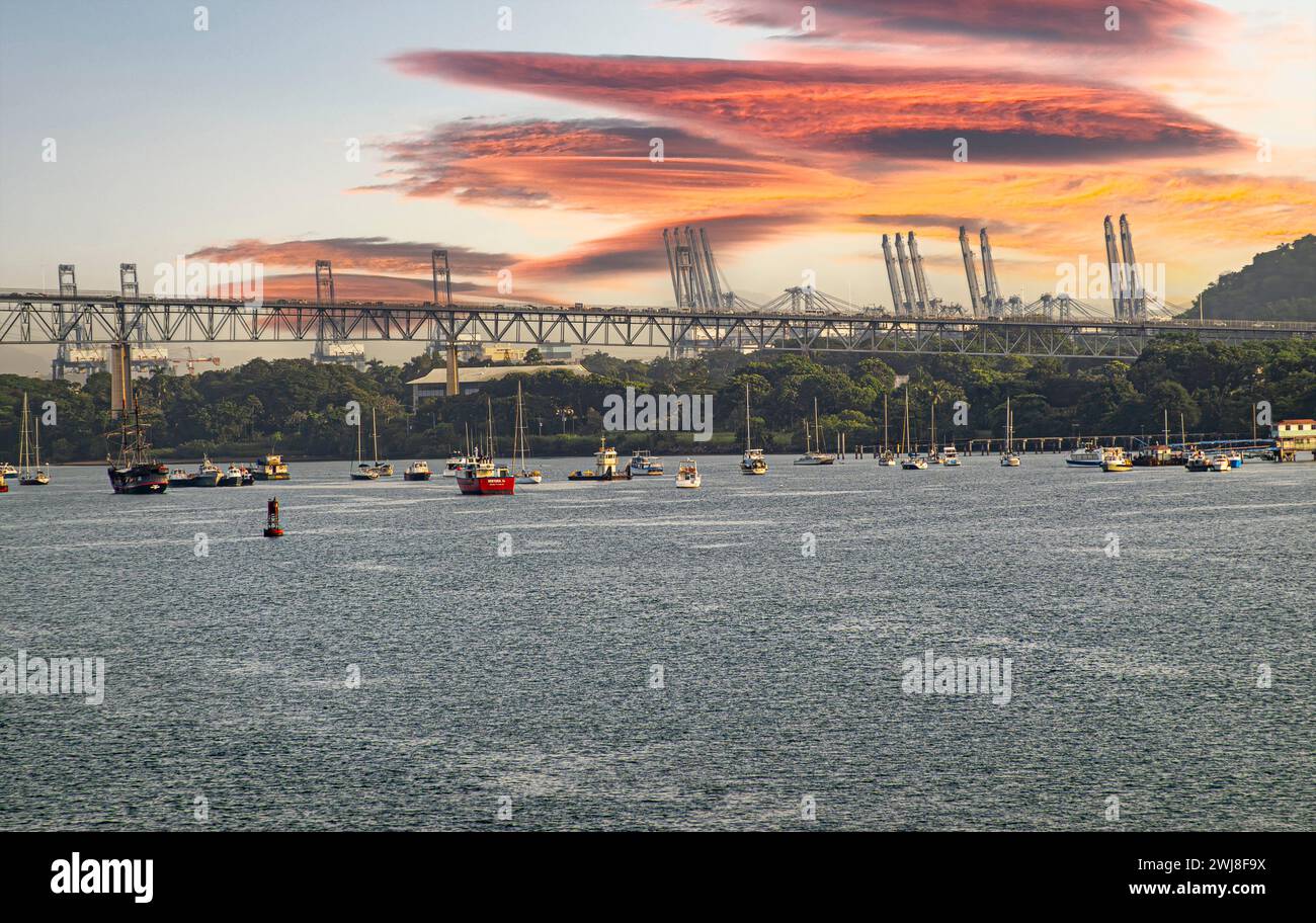 Panama Canal, Panama - July 24, 2023: Red and yellow morning cloudscape ...