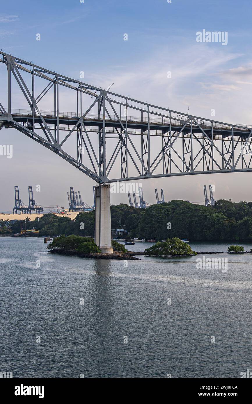 Panama Canal, Panama - July 24, 2023: Suspension Bridge of the Americas pilar at east side of ...
