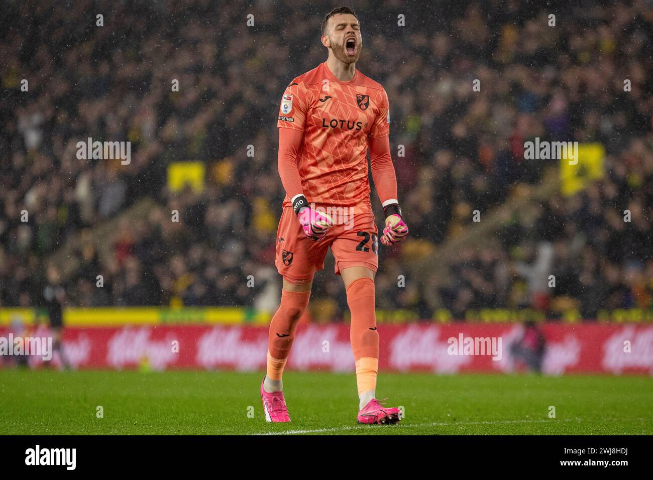 Goalkeeper Angus Gunn of Norwich City celebrating their second goal ...