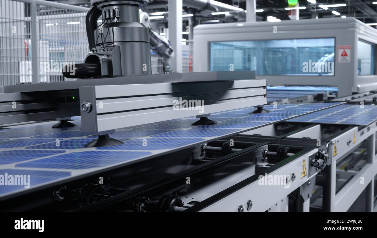Solar panel placed on conveyor belt, polished by automatized machinery ...