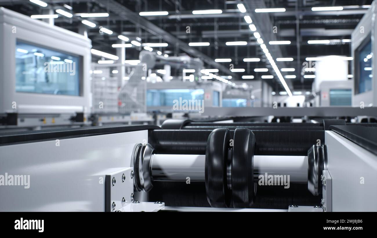 Focus on conveyor belt in cutting edge solar panel factory used for ...