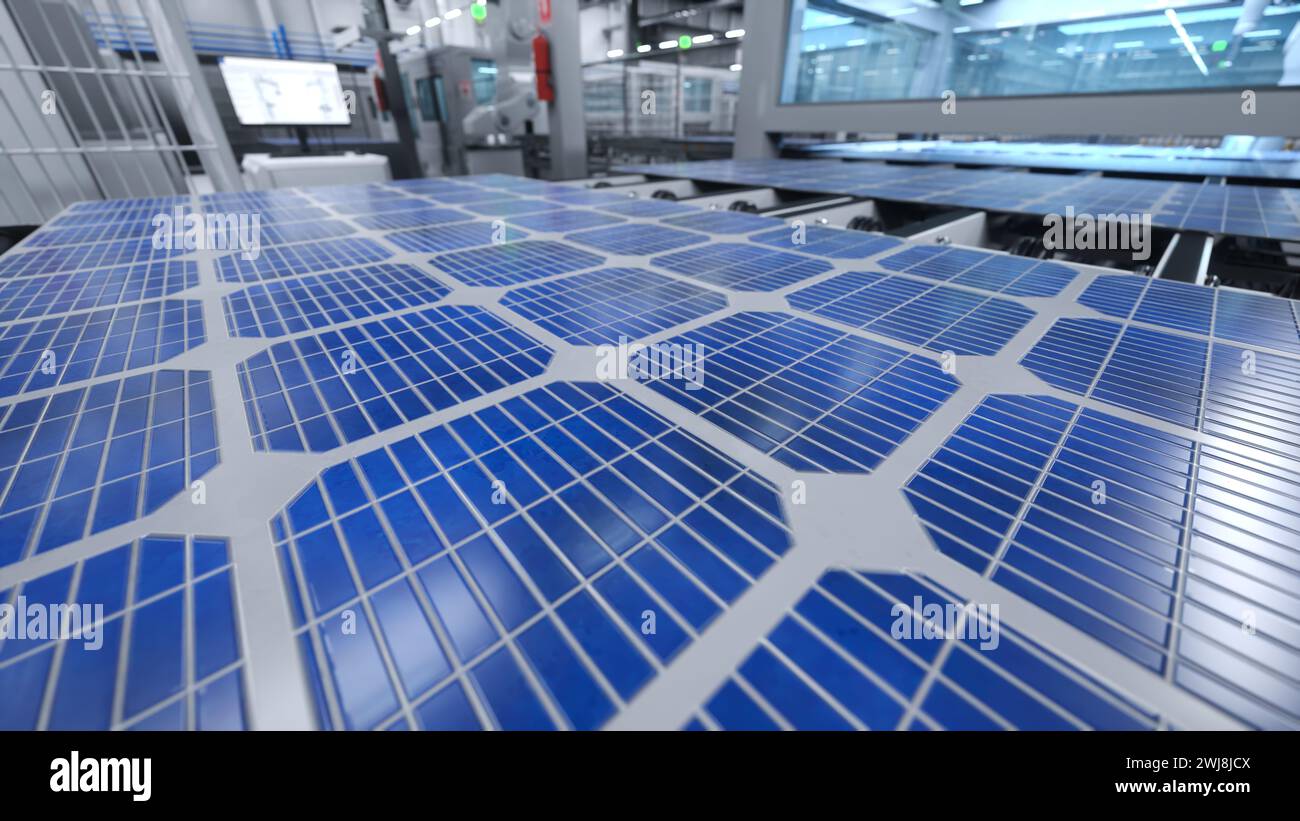 Solar panel placed on conveyor belt, operated by industrial robot arm ...