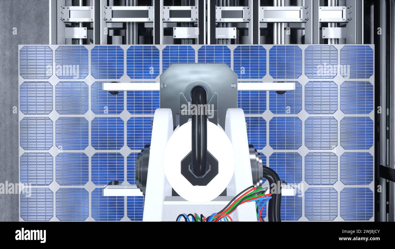 POV shot of industrial robot arm placing solar panel on assembly line ...