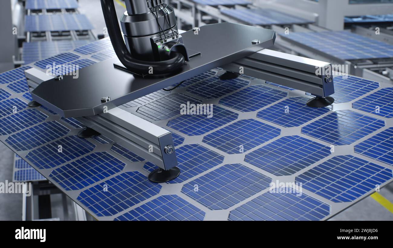 Solar panel placed on conveyor belt, operated by automatized robot arm ...