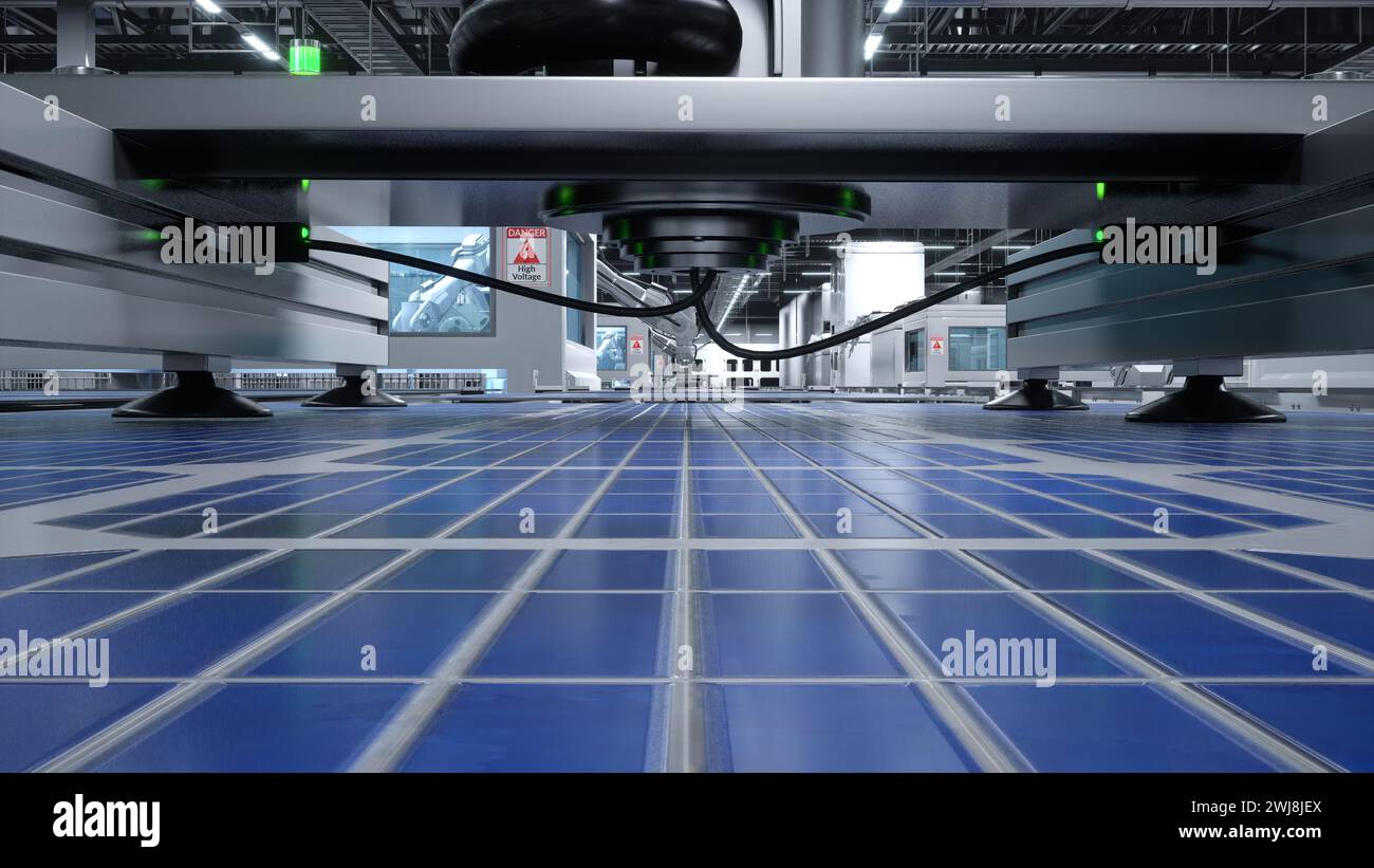 Solar panel placed on conveyor belt, moving around facility in high ...