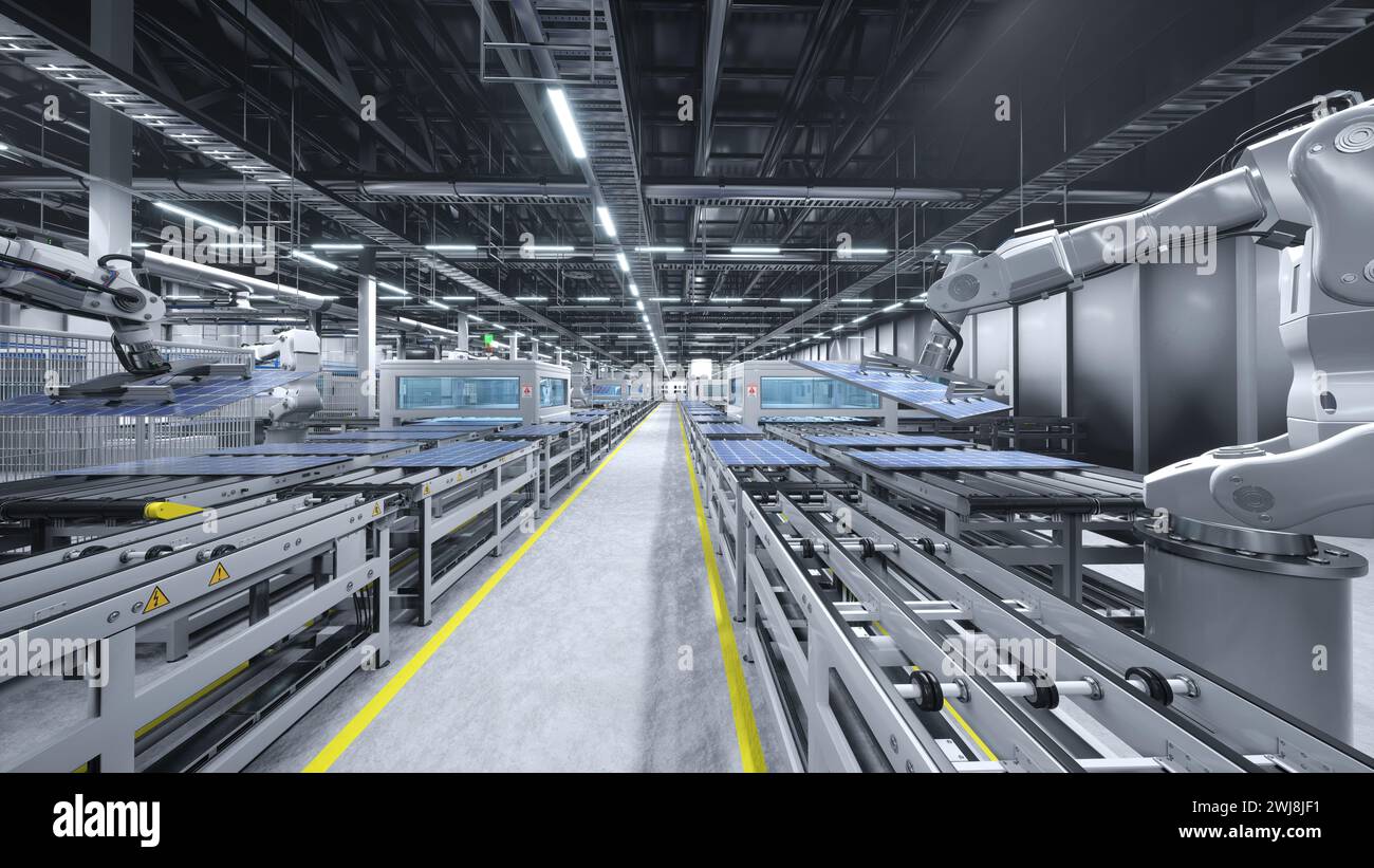 Machinery in cutting edge solar panel factory maneuvering photovoltaic ...