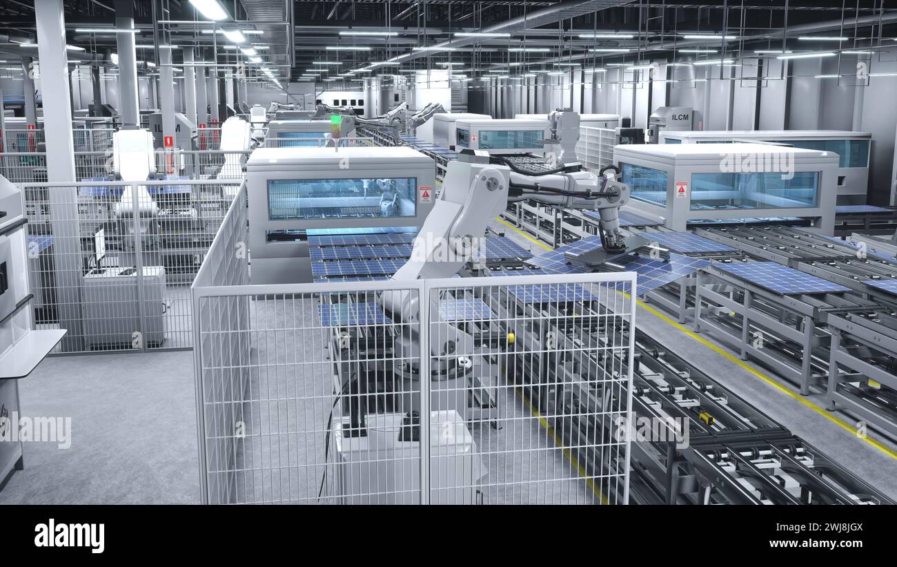 Industrial robot arms placing solar panels on large production line in ...
