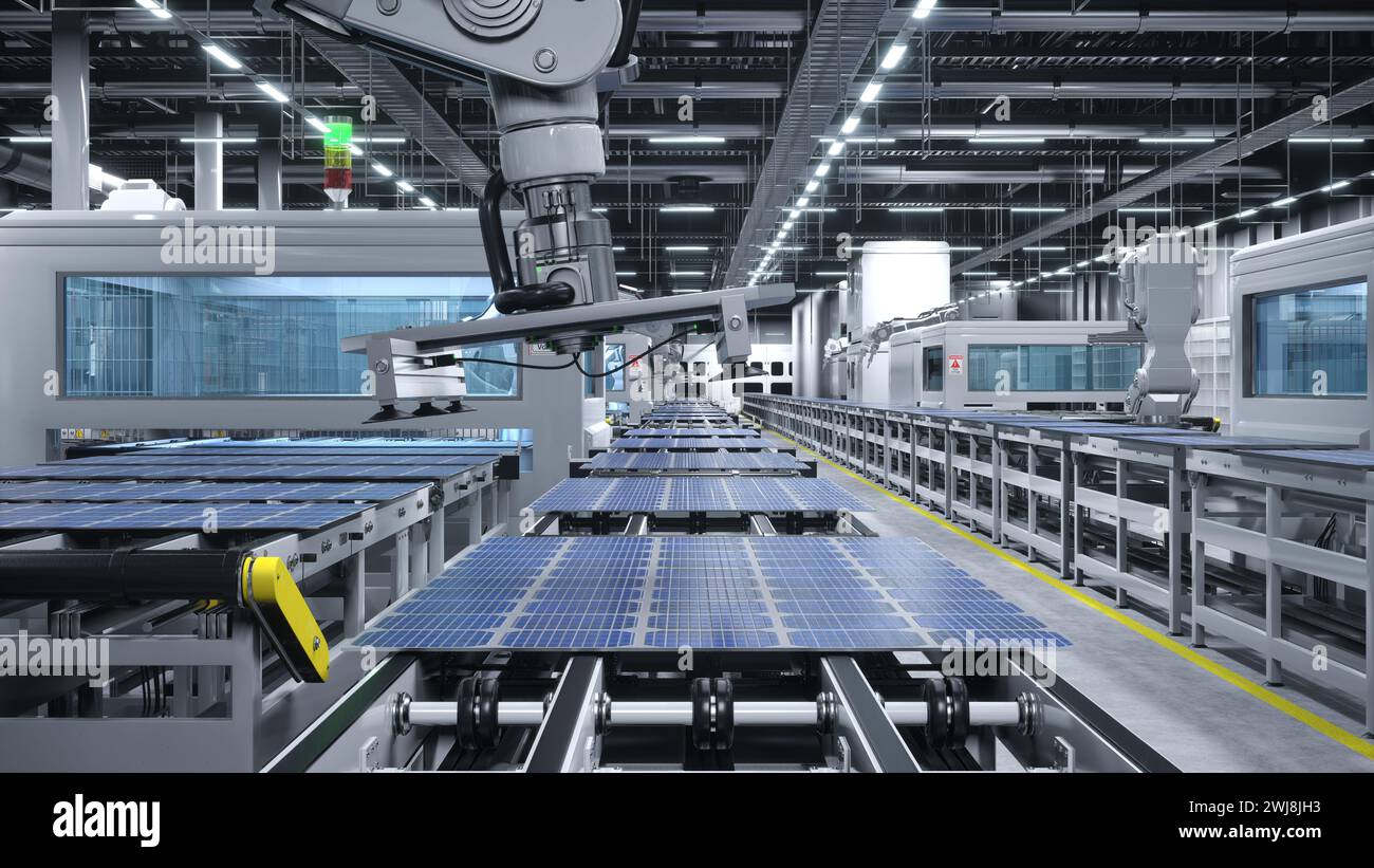 Solar panel factory with robotic arms placing PV modules on automation ...