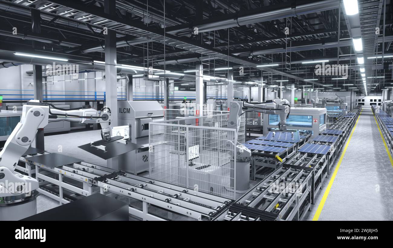 Heavy machinery in cutting edge solar panel warehouse handling ...