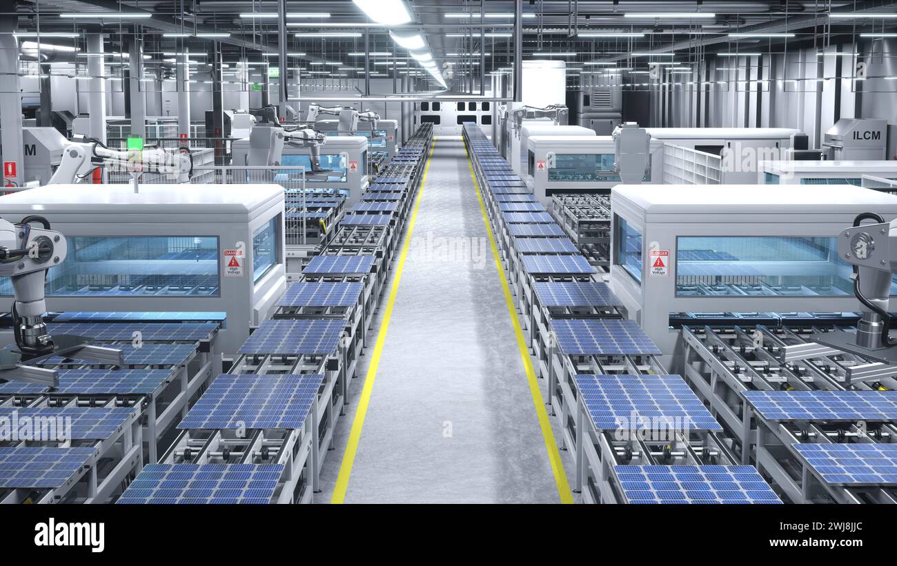 Solar panels being moved on conveyor belts during high tech production ...