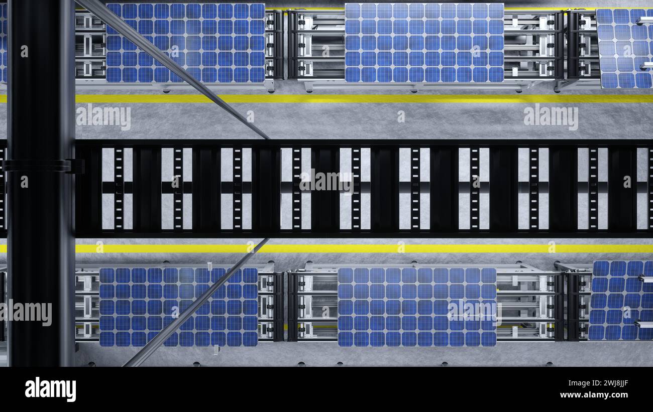 Top down view of solar panels on conveyor belts during cutting edge ...