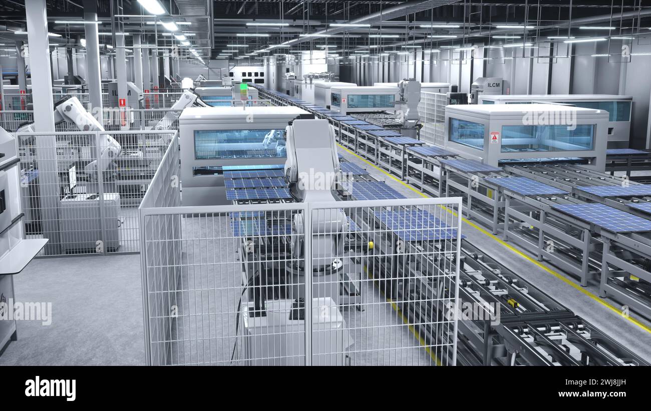 High tech robot arm in cutting edge solar panel factory maneuvering ...