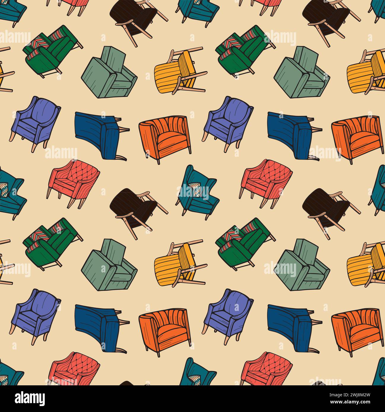 Armchairs And Chairs In Vintage Style Seamless Pattern Hand Drawn Vector Illustration Stock 