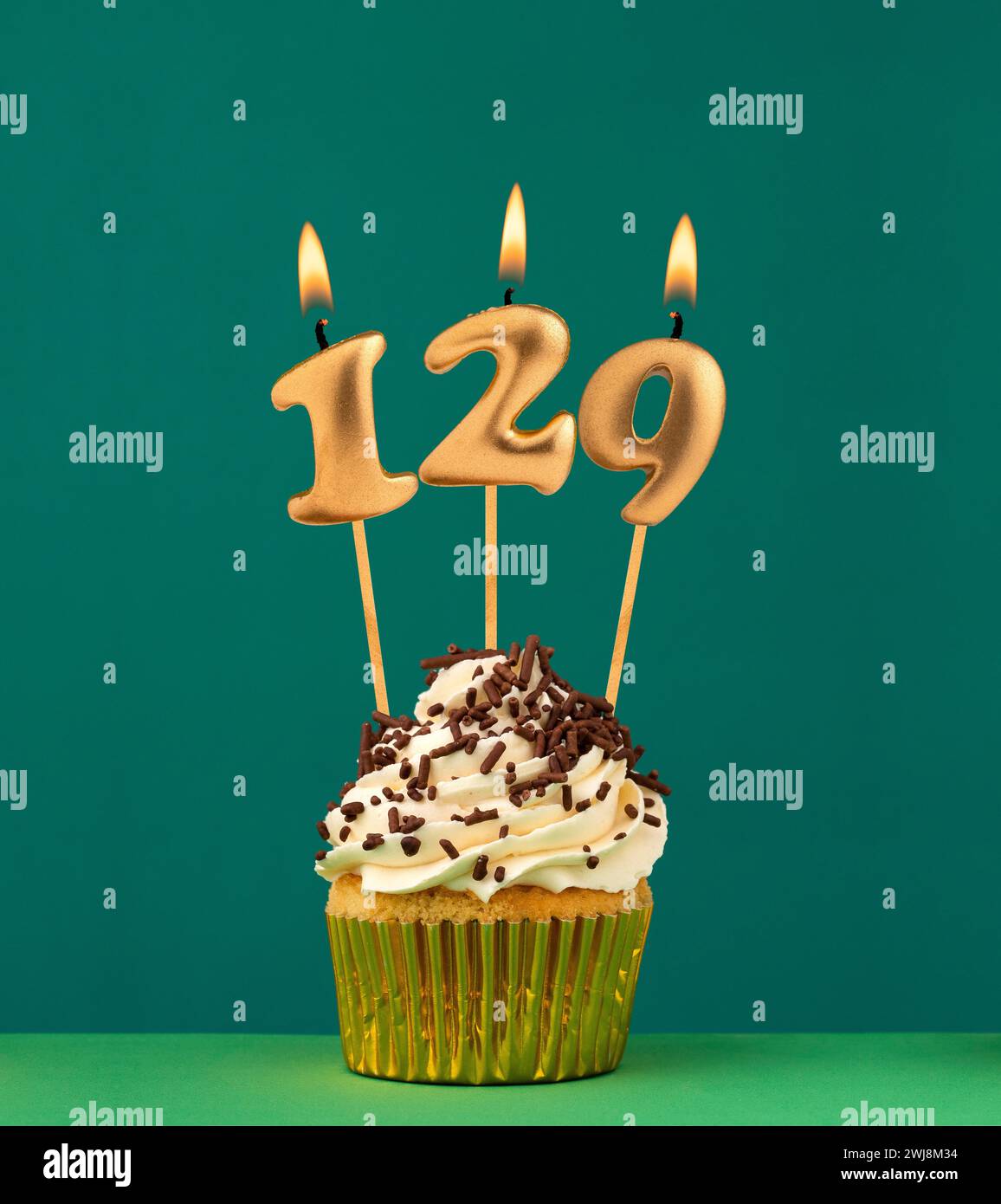 Birthday candle number 129 - Vertical anniversary card with green ...