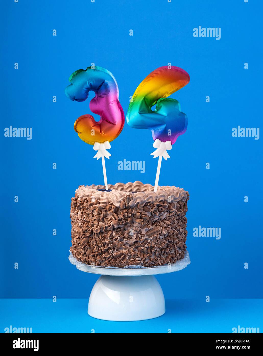 Birthday cake with balloon number 34 - Invitation card on blue ...