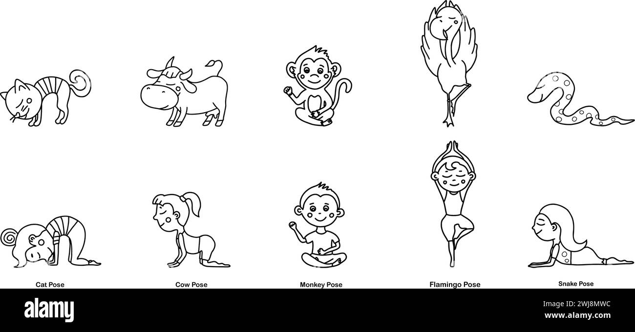 Set of kids yoga animal poses. Cat, cow, monkey, flamingo, snake asanas ...