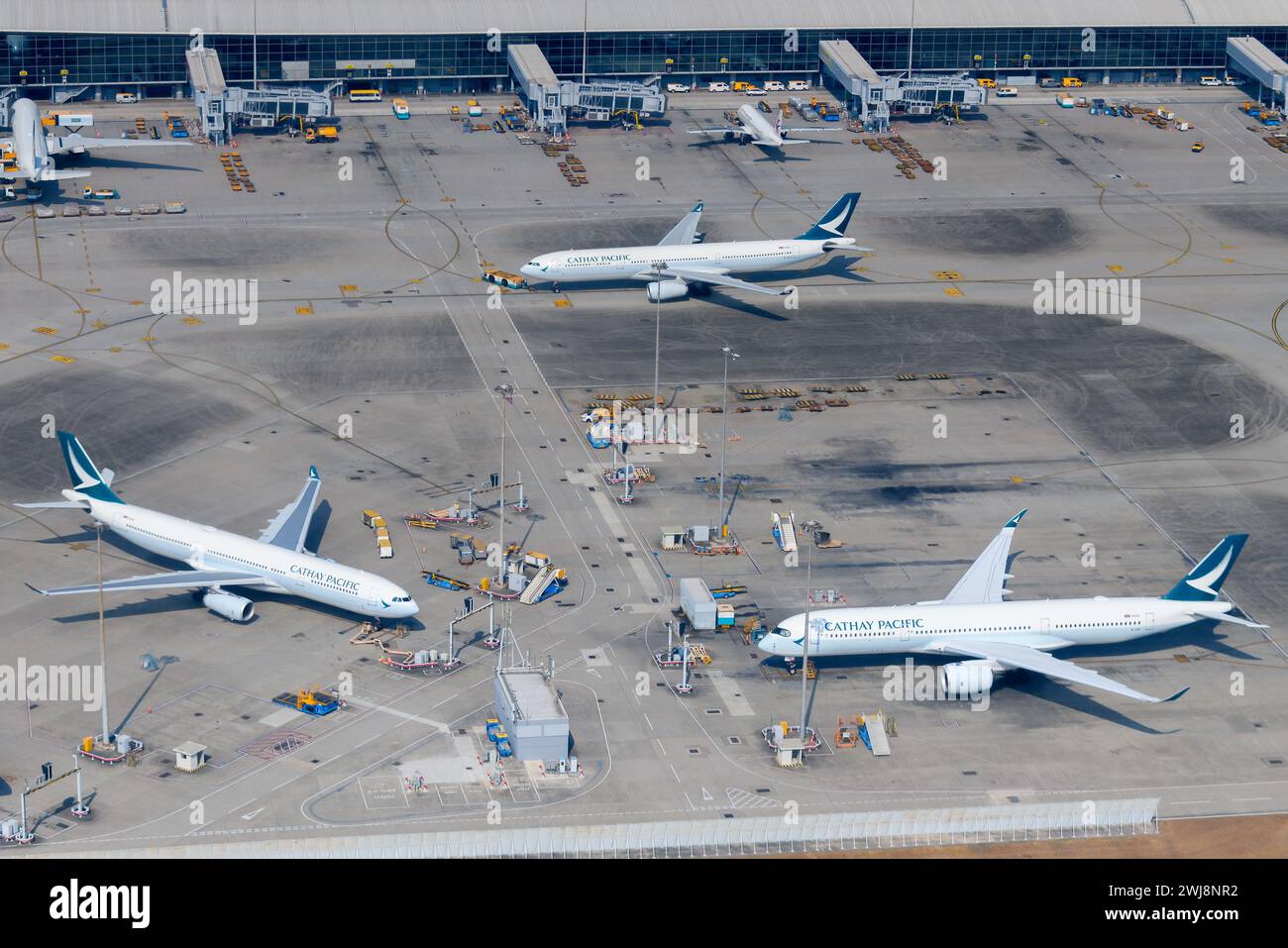 Cathay Pacific Airbus A350 and A330 aircraft aerial view at HKG Airport ...