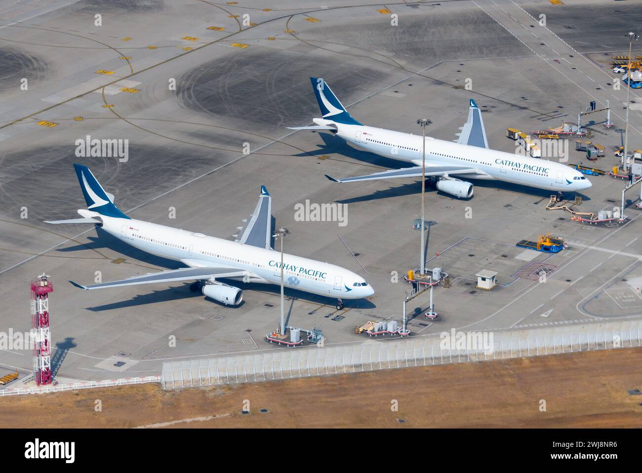 Cathay Pacific Airbus A330 aircraft aerial view at HKG Airport. Two ...