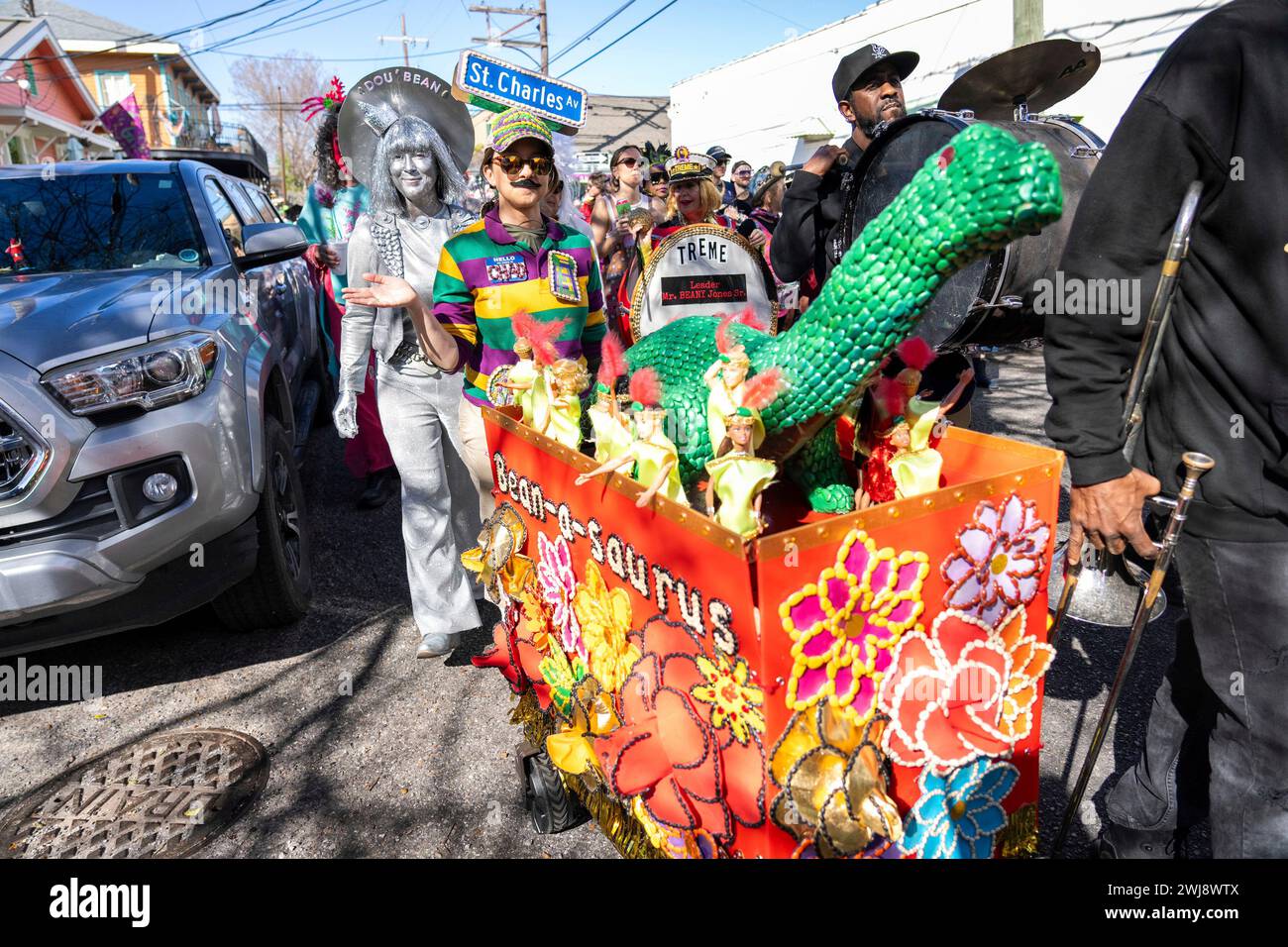 Paradegoers are seen during the Krewe of Red Beans Mardi Gras Parade in ...