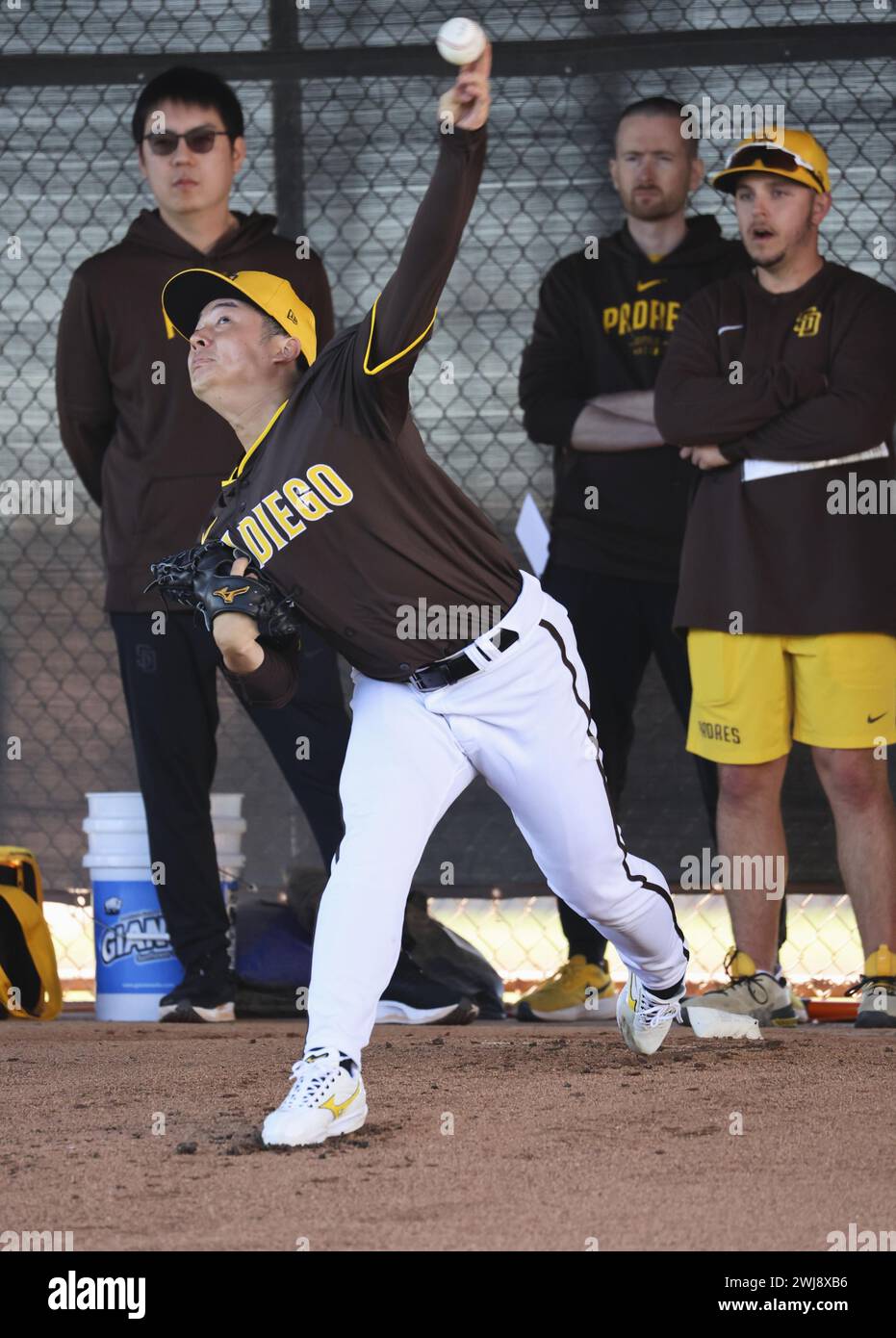 Glendale, Arizona, on Feb. 13, 2024. Yuki Matsui throws a bullpen ...