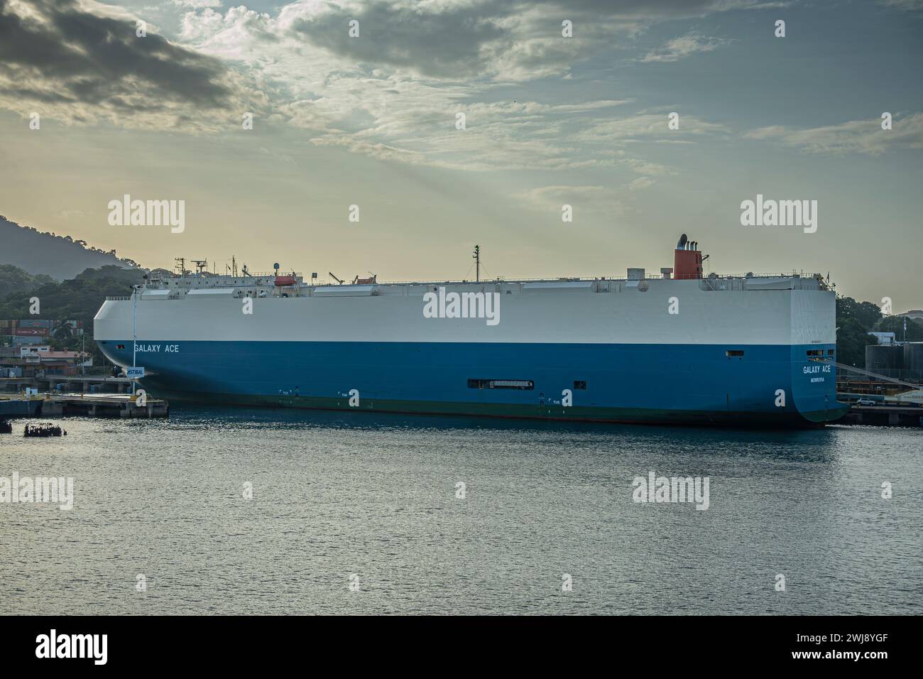 Panama Canal, Panama - July 24, 2023: Port side of docked Galaxy Ace ...