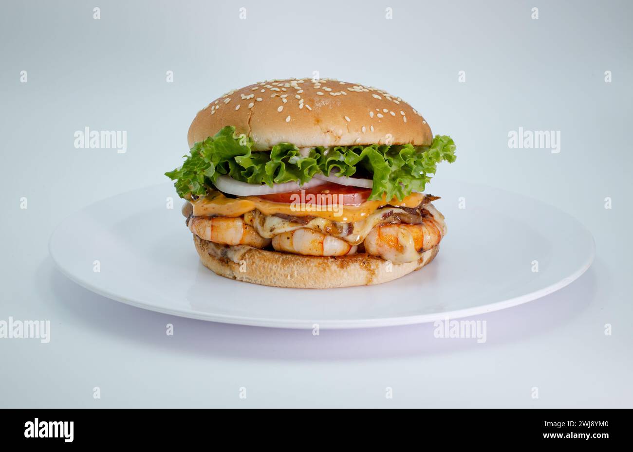 Delicious burger shrimp on a white background Stock Photo - Alamy