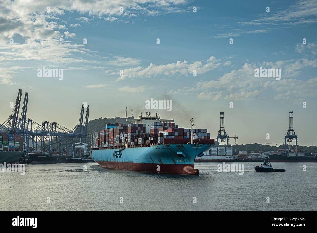 Panama Canal, Panama - July 24, 2023: Balboa port, blue hull Maersk ...