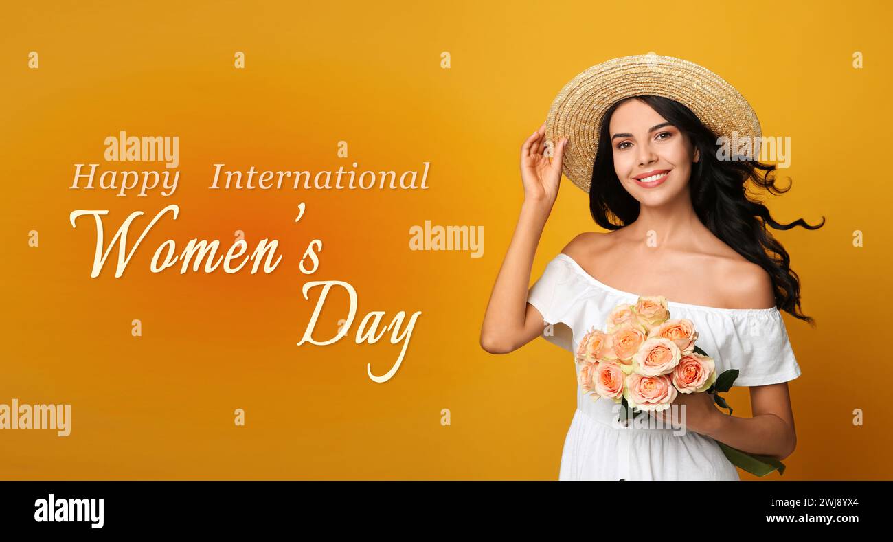 Happy Women's Day, Charming lady holding bouquet of beautiful flowers ...